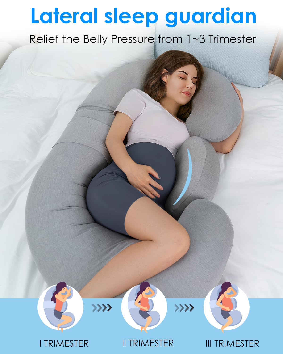 QUEEN ROSE Cooling Pregnancy Pillows, E Shaped Maternity Pillow for Sleeping, with Extra Wedge Pillow for Belly Support, 55 Inch Detachable Body Pillow, Breathable Cover, Grey