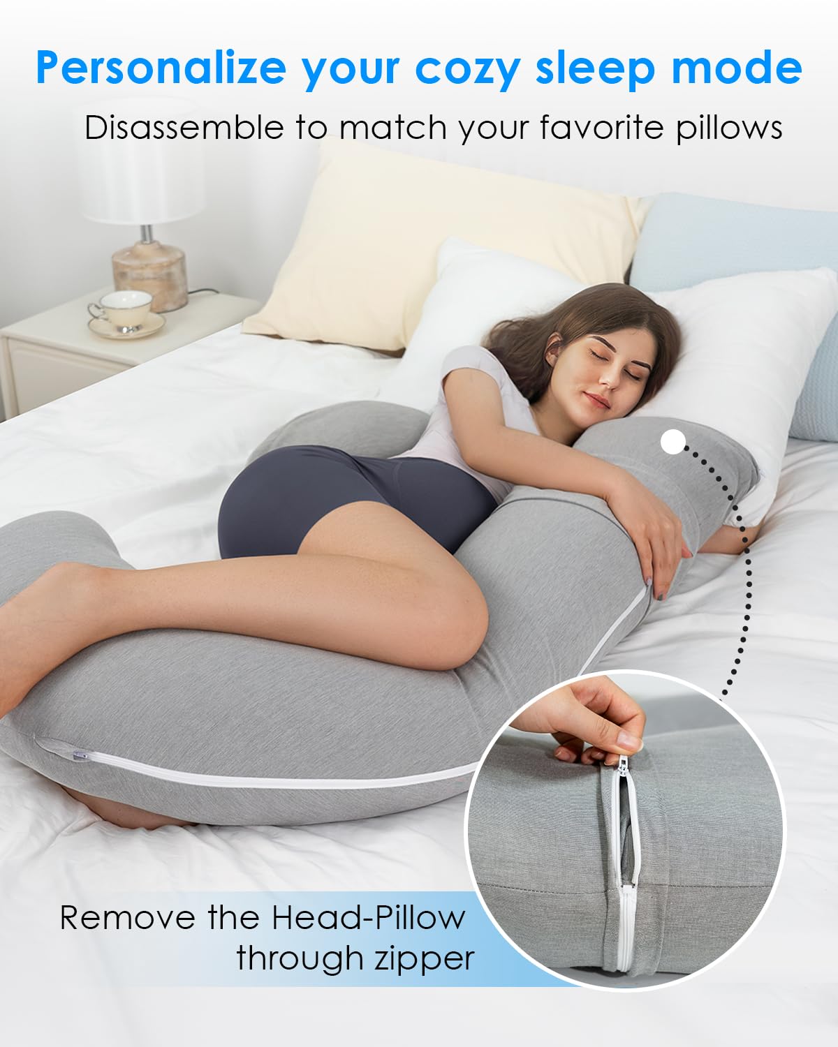 QUEEN ROSE Cooling Pregnancy Pillows, E Shaped Maternity Pillow for Sleeping, with Extra Wedge Pillow for Belly Support, 55 Inch Detachable Body Pillow, Breathable Cover, Grey