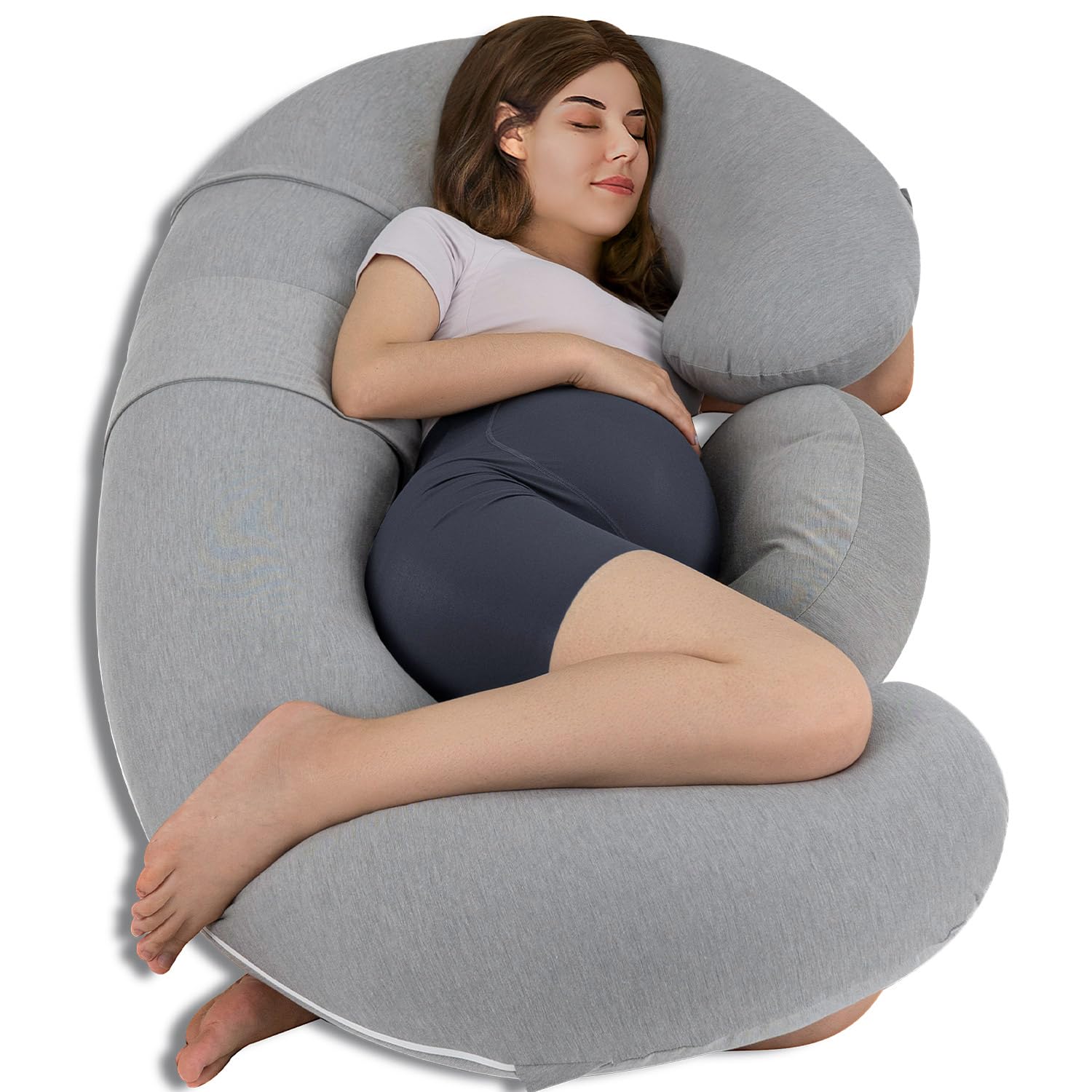 QUEEN ROSE Cooling Pregnancy Pillows, E Shaped Maternity Pillow for Sleeping, with Extra Wedge Pillow for Belly Support, 55 Inch Detachable Body Pillow, Breathable Cover, Grey