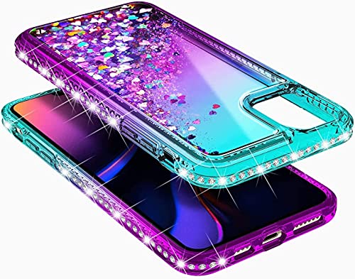 NGB Compatible with iPhone 12 Mini Case with Tempered Glass Screen Protector, Ring Holder/Wrist Strap, Girls Women Liquid Bling Sparkle Floating Glitter Cute Phone Case (Aqua/Purple)