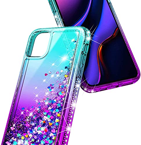 NGB Compatible with iPhone 12 Mini Case with Tempered Glass Screen Protector, Ring Holder/Wrist Strap, Girls Women Liquid Bling Sparkle Floating Glitter Cute Phone Case (Aqua/Purple)