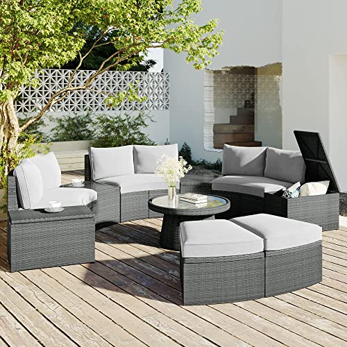 DHPM 10-Piece Half-Moon Sectional Patio Furniture Set Curved Outdoor Sofa with Tempered Glass Round Coffee Table, Light Gray