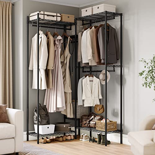 SONGMICS Clothes Rack with Shelves, Garment Rack for Hanging Clothes, Heavy Duty Closet Rack, Steel Portable Closet with Fabric Storage Boxes, Adjustable Shelves, for Bedroom, Black ULGR401B01