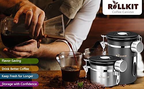 RollKit Coffee Canister Airtight Storage Containers for Beans Grounds, Stainless Steel Flavor-Saving Holder for Tea Jar w/Date Tracker, CO2 Release Valve, Airtight Lid, Scoop - Medium 16oz, Gray