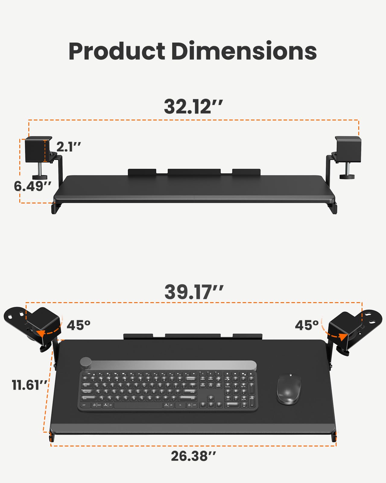 ErGear Keyboard Tray Under Desk, Corner Keyboard Tray with 45° Adjustable C Clamp for L Shaped Desk, Under Desk Keyboard Tray Slide Out, Computer Keyboard & Mouse Tray, 26.38" W x 11.61" D, Black
