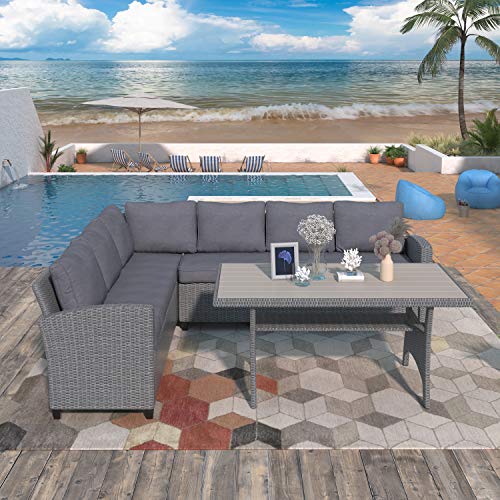 DHPM Patio PE Wicker Furniture Set Outdoor Brown Rattan Sectional Conversation Sofa Chair with Table & Soft Cushions, Gray