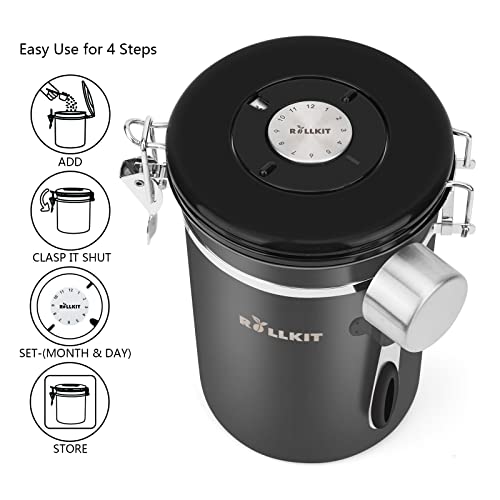 RollKit Coffee Canister Airtight Storage Containers for Beans Grounds, Stainless Steel Flavor-Saving Holder for Tea Jar w/Date Tracker, CO2 Release Valve, Airtight Lid, Scoop - Medium 16oz, Gray