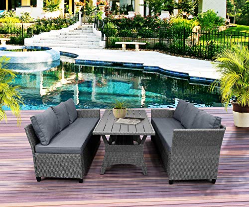 DHPM Patio PE Wicker Furniture Set Outdoor Brown Rattan Sectional Conversation Sofa Chair with Table & Soft Cushions, Gray