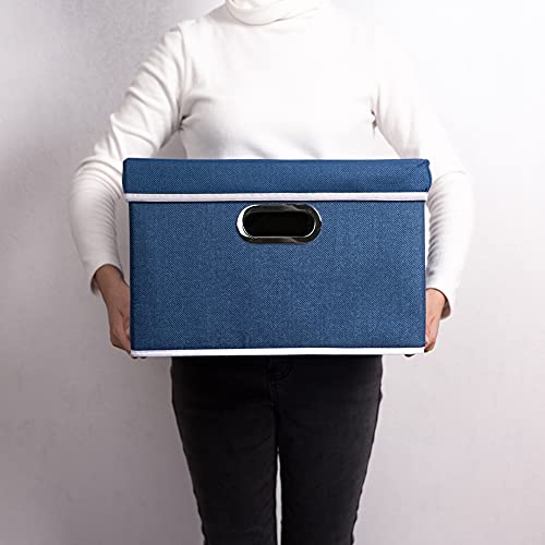 PRANDOM Foldable Storage Bin with Lid [5-Pack] Linen Fabric Decorative Storage Box Organizer Container Basket Cube with Handles Divider for Closet Office Living Room Royal Blue(14.9x9.8x9.8)