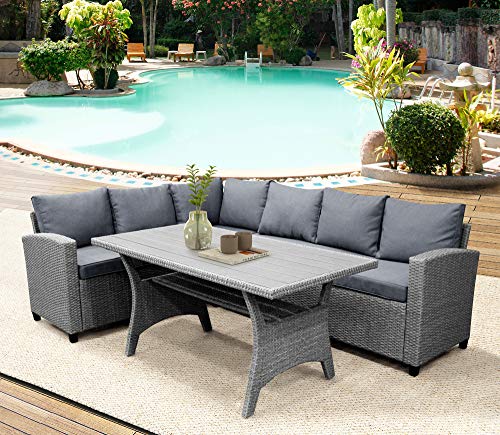 DHPM Patio PE Wicker Furniture Set Outdoor Brown Rattan Sectional Conversation Sofa Chair with Table & Soft Cushions, Gray