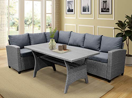 DHPM Patio PE Wicker Furniture Set Outdoor Brown Rattan Sectional Conversation Sofa Chair with Table & Soft Cushions, Gray