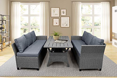 DHPM Patio PE Wicker Furniture Set Outdoor Brown Rattan Sectional Conversation Sofa Chair with Table & Soft Cushions, Gray