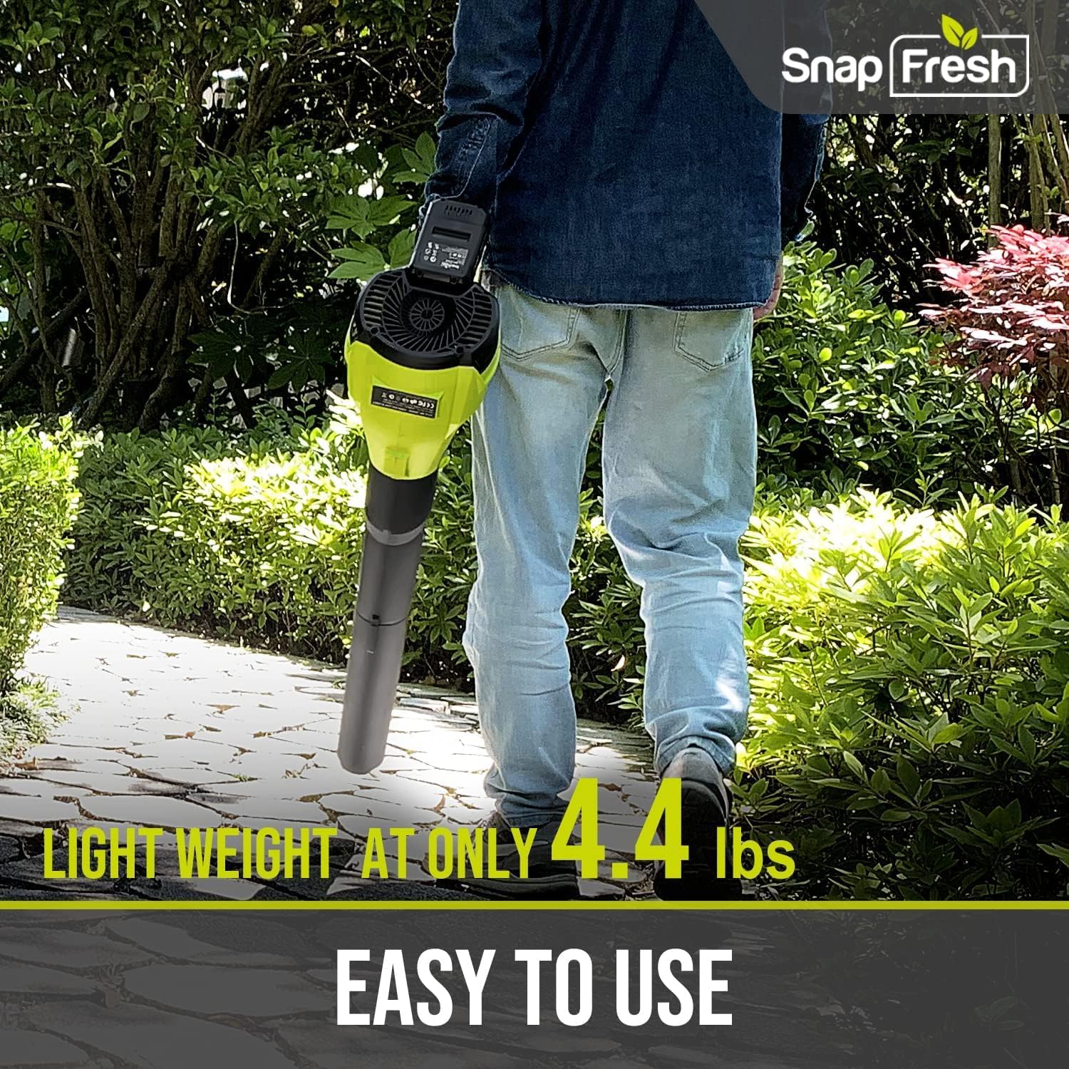 SnapFresh Leaf Blower Cordless - 350 CFM Cordless Leaf Blower with 4.0Ah Battery & Fast Charger, 20V Electric Battery Powered Leaf Blower for Yard Porch Garden