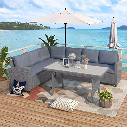 DHPM Patio PE Wicker Furniture Set Outdoor Brown Rattan Sectional Conversation Sofa Chair with Table & Soft Cushions, Gray
