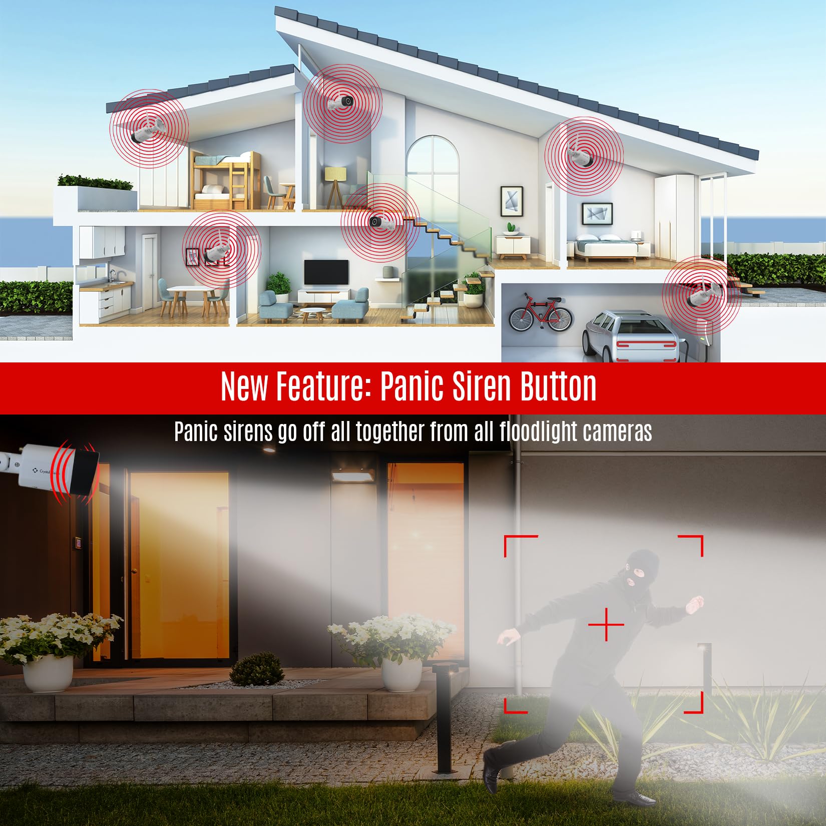 8CH Crystal Vision Floodlight & Two Way Audio, Panic Siren Button Kit (4X Floodlight Audio Camera)