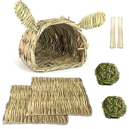 kathson Bunny Grass House Chew Toys Baby Rabbit Hideaway Hut Small Animals Grass Hideout Hand Woven Natural Grass Bedding for Guinea Pig Hamster Chinchilla