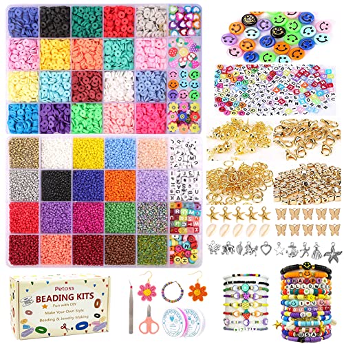 25,000pcs Glass Beads Clay Beads for Jewelry Making Kit, Preppy Bracelet Flat Beads with Smiley Face Bead Letter Beads Charms Pendants, Heishi Beading Supplies for Girls Handmade Gift