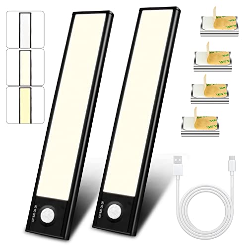 Under Cabinet Lights, 2 Pack 32 LED Closet Lights Motion Sensored Activated & Battery Operated, Wireless LED Under Counter Lights for Kitchen, USB Rechargeable Magnetic Cabinet Lighting for Bedroom