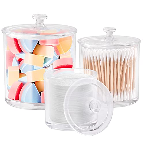 Eschen Apothecary Jars, 3 Pack Bathroom Storage Organizer, 28-oz 17-oz 9-oz Clear Acrylic Cotton Ball Holder with Lid for Qtip, Makeup Sponges, Flossers, Bath Salts, Swab Vanity Canister Dispenser