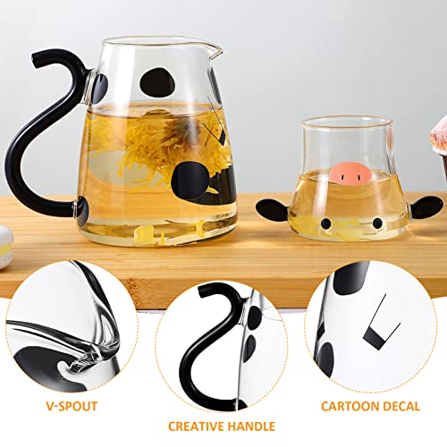 Cabilock Bedside Carafe Glass Water Pitcher Cute Cow Water Carafe with Glass Cup for Nightstand 550ml Glass Pitcher with Lid for Juice Tea Milk