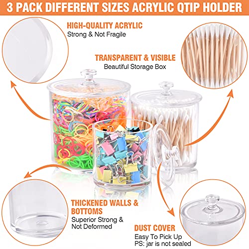 Eschen Apothecary Jars, 3 Pack Bathroom Storage Organizer, 28-oz 17-oz 9-oz Clear Acrylic Cotton Ball Holder with Lid for Qtip, Makeup Sponges, Flossers, Bath Salts, Swab Vanity Canister Dispenser