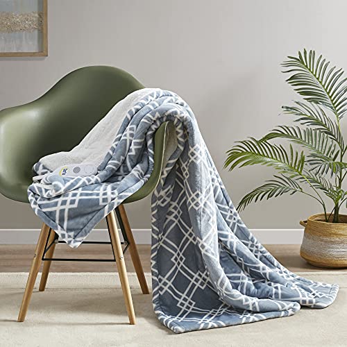 Serta Pace Reversible Ogee Plush to Sherpa Throw Ultra Soft Knitted Electric Blanket,Cozy and Snuggly Cover for Cold Weather, Auto Shut Off, Multi Heat Setting Controller, 50"x60", Dusty Blue Geo