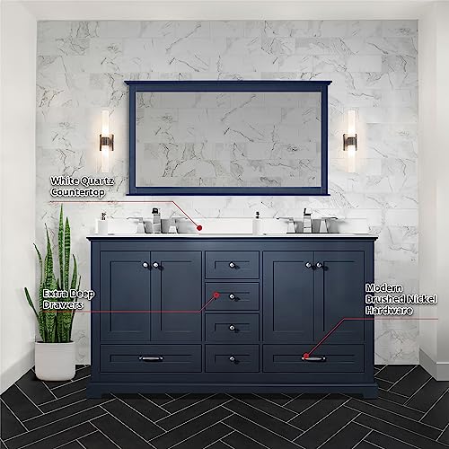 Bell+Modern Tybee 60 in. W x 22 in. D Navy Blue Double Bath Vanity, White Quartz Top and 58 in. Mirror