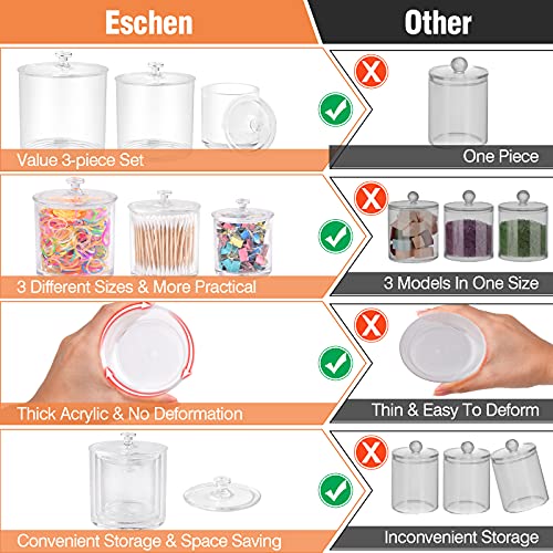 Eschen Apothecary Jars, 3 Pack Bathroom Storage Organizer, 28-oz 17-oz 9-oz Clear Acrylic Cotton Ball Holder with Lid for Qtip, Makeup Sponges, Flossers, Bath Salts, Swab Vanity Canister Dispenser