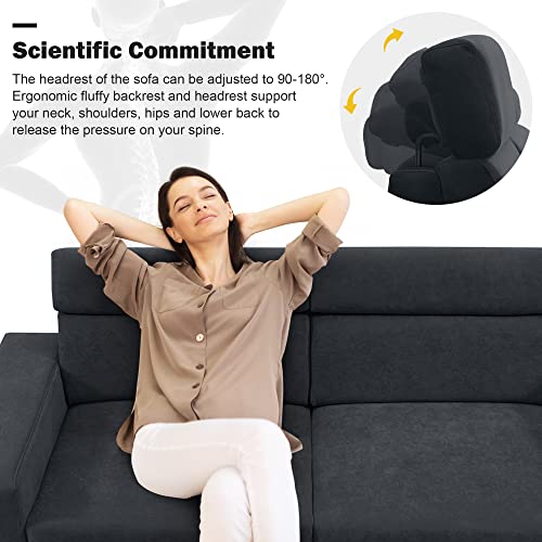 BIADNBZ 87" Velvet Loveseat Sofa with Multi-Angle Adjustable Headrest, Extra Wide Sectional Couch w/Armrest for Living Room Studios, Black