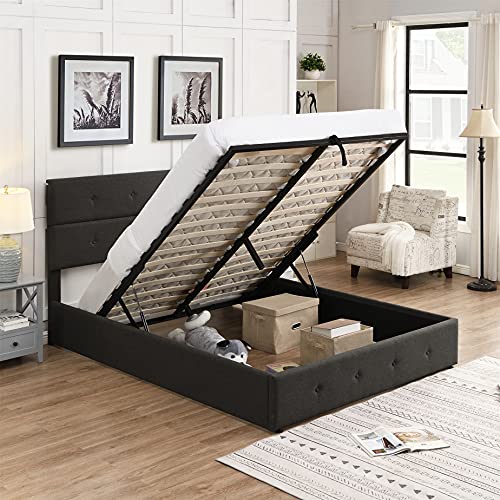 Harper & Bright Designs Queen Platform Bed with Storage Underneath, Upholstered Platform Bed with Gas Lift up Storage, Metal Bed Frame with Tufted HeadboardïŒGray, Button-TuftedïŒ