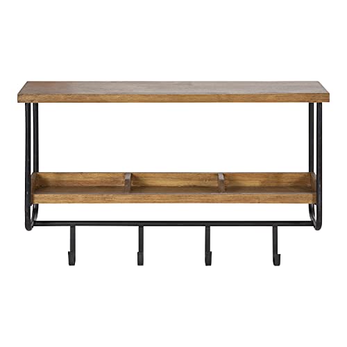 Kate and Laurel Oddell Farmhouse Wall Shelf with Hooks, 24 x 6 x 15, Rustic Brown, Modern Decorative Two-Tier Shelf