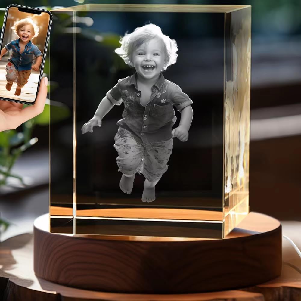 DAIYI Custom 3D Crystal Photo Personalized Photos Cubes for Pictures,Laser Engraved Crystals with Your Own Picture Wedding Birthday Gift Cube Size W2xL2 Inches