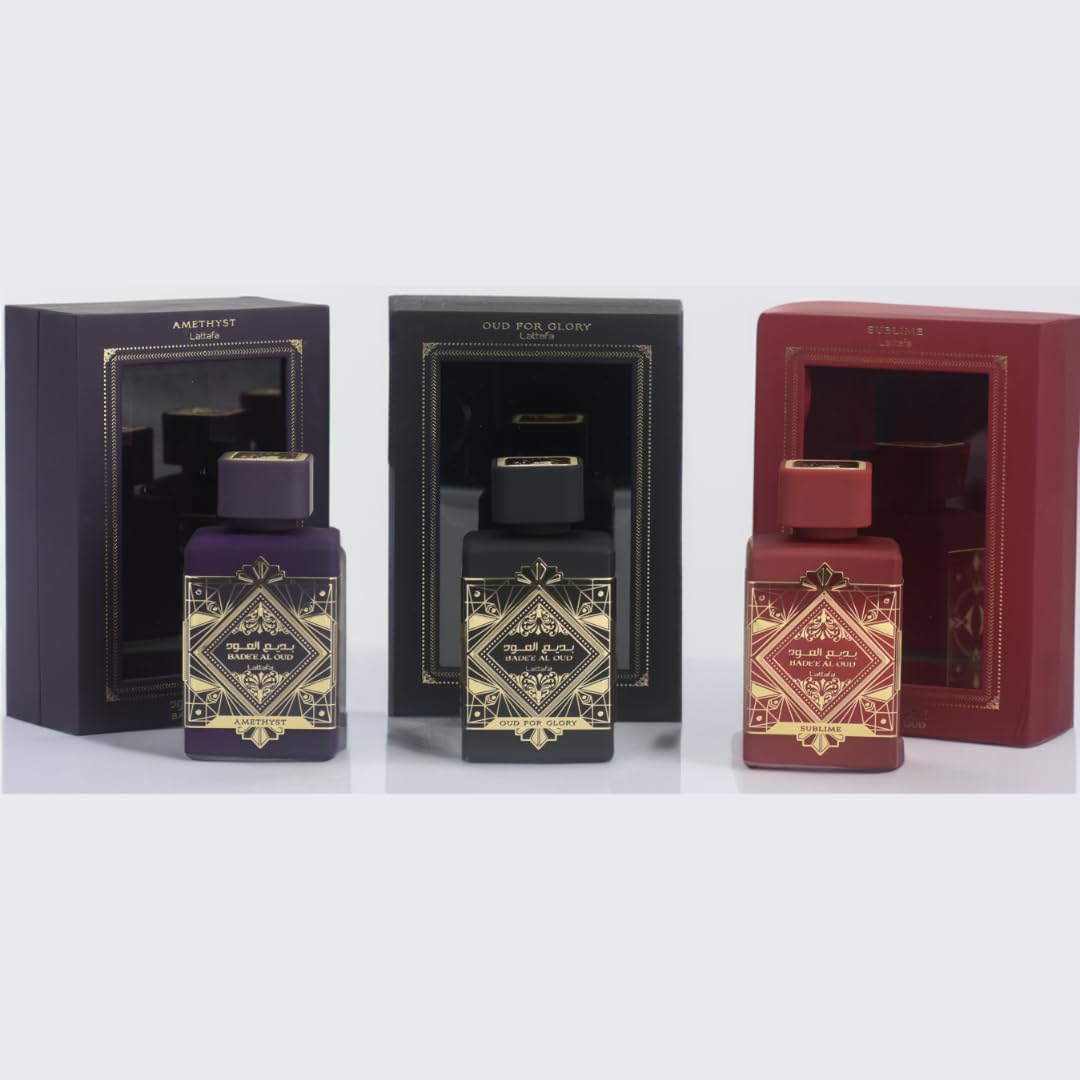 Lattafa Perfumes Bade'e Al Oud for Unisex 3 Piece Eau de Parfum Gift Set (Oud For Glory + Amethyst + Sublime) 3.4 Ounce/100 ml each