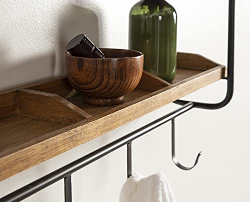 Kate and Laurel Oddell Farmhouse Wall Shelf with Hooks, 24 x 6 x 15, Rustic Brown, Modern Decorative Two-Tier Shelf
