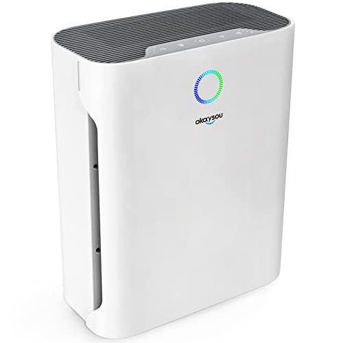 Okaysou Air Purifiers for Home Large Room with 3 Filters, Covers up to 1008 Sq Ft, H13 True HEPA & Washable Filter, 23dB Quiet Cleaner Odor Eliminators in Bedroom, Removes 99.97% of Pollutants, Dust Smoke Pollen Dander Hair, Night Light, White
