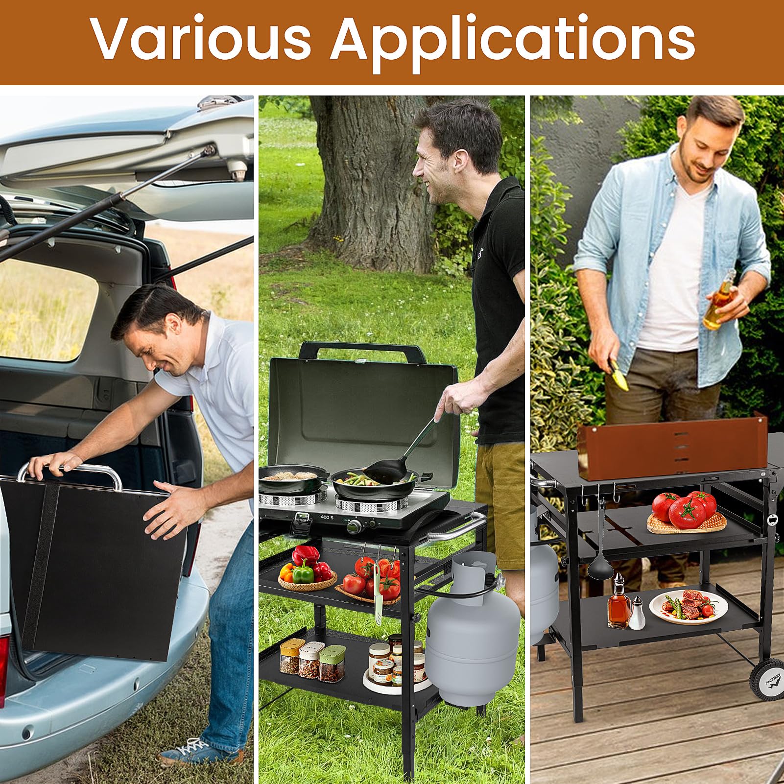 CEED4U Folding Grill Cart Table with Three-Shelf, 40" x 20" Movable BBQ Cart Sturdy, Height-Adjustable, Spacious Tabletop Grill Stand Dining Cart Table for Car Tailgating, Camping, Party