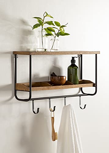 Kate and Laurel Oddell Farmhouse Wall Shelf with Hooks, 24 x 6 x 15, Rustic Brown, Modern Decorative Two-Tier Shelf