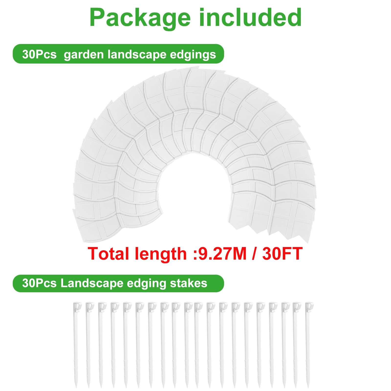 30Pack Garden Edging Border Landscape Edging Lawn Garden Fence Edgings Decorative Landscape Border with 30 Pcs Stakes for Lawn Garden Flower Bed Yard (White)