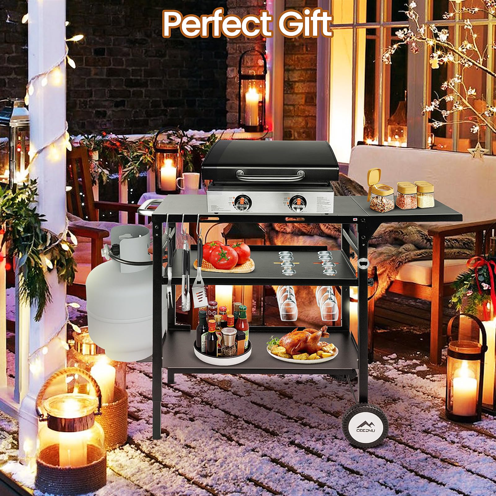 CEED4U Folding Grill Cart Table with Three-Shelf, 40" x 20" Movable BBQ Cart Sturdy, Height-Adjustable, Spacious Tabletop Grill Stand Dining Cart Table for Car Tailgating, Camping, Party