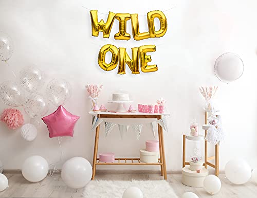 PartyForever Wild One Balloons Banner Gold Foil 1st Birthday Party Decorations and Supplies Sign