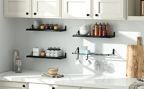 Veluckin Floating Shelf,Wall Mounted Rustic Wood Shelves for Bathroom, Study Room, Living Room, Kitchen,(16in,Set of 3+1,Black)