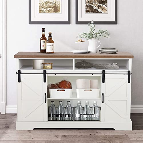 MFSTUDIO Farmhouse Coffee Bar Cabinet, 52" Sideboard Buffet Storage Cabinet TV Stand with Sliding Barn Door for Kitchen Dining Room Living Room, Ivory