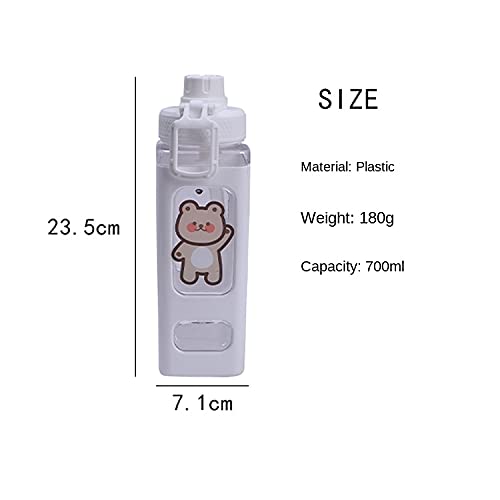 PEXIZUAN Kawaii Bear Water Bottle With Straw Sport Plastic Portable Square Drinking Bottle For Girl Cute Juice Tea Water Cups 700ml(Pink,700ml)