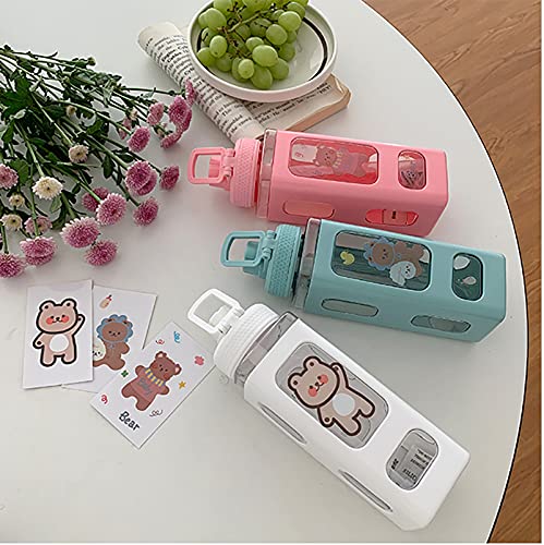 PEXIZUAN Kawaii Bear Water Bottle With Straw Sport Plastic Portable Square Drinking Bottle For Girl Cute Juice Tea Water Cups 700ml(Pink,700ml)