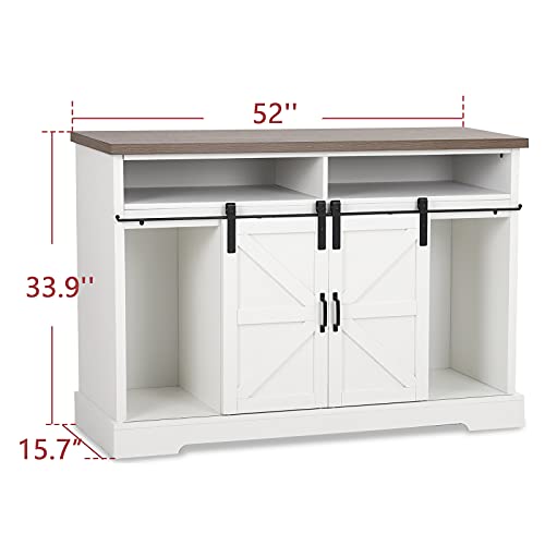 MFSTUDIO Farmhouse Coffee Bar Cabinet, 52" Sideboard Buffet Storage Cabinet TV Stand with Sliding Barn Door for Kitchen Dining Room Living Room, Ivory