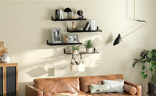 Veluckin Floating Shelf,Wall Mounted Rustic Wood Shelves for Bathroom, Study Room, Living Room, Kitchen,(16in,Set of 3+1,Black)