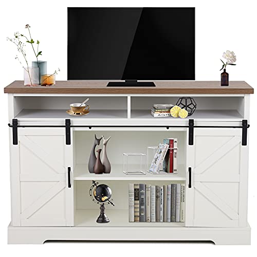 MFSTUDIO Farmhouse Coffee Bar Cabinet, 52" Sideboard Buffet Storage Cabinet TV Stand with Sliding Barn Door for Kitchen Dining Room Living Room, Ivory