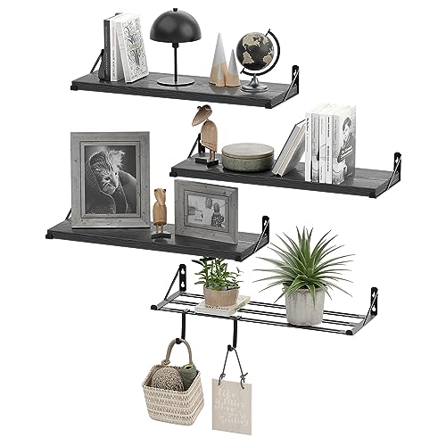 Veluckin Floating Shelf,Wall Mounted Rustic Wood Shelves for Bathroom, Study Room, Living Room, Kitchen,ļ¼16in,Set of 3+1,Blackļ¼