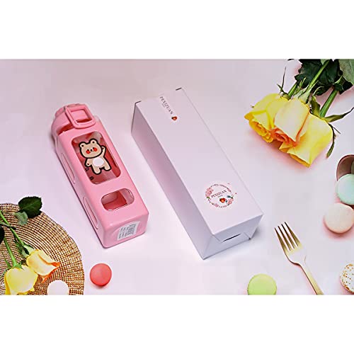 PEXIZUAN Kawaii Bear Water Bottle With Straw Sport Plastic Portable Square Drinking Bottle For Girl Cute Juice Tea Water Cups 700ml(Pink,700ml)