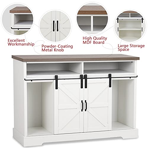 MFSTUDIO Farmhouse Coffee Bar Cabinet, 52" Sideboard Buffet Storage Cabinet TV Stand with Sliding Barn Door for Kitchen Dining Room Living Room, Ivory